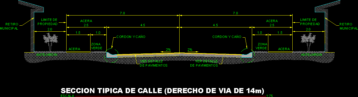 Road Cross Section Typical Right Of Way 14 M 46 Ft DWG Section For AutoCAD Designs CAD