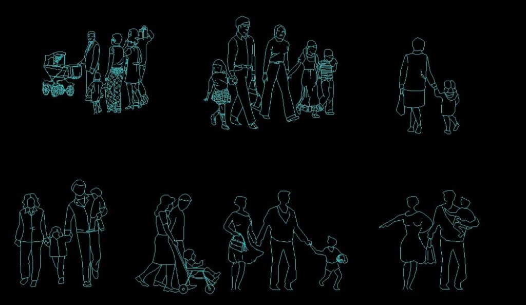 Parents With Kids Families Front And Side Elevations 2D DWG Block For ...