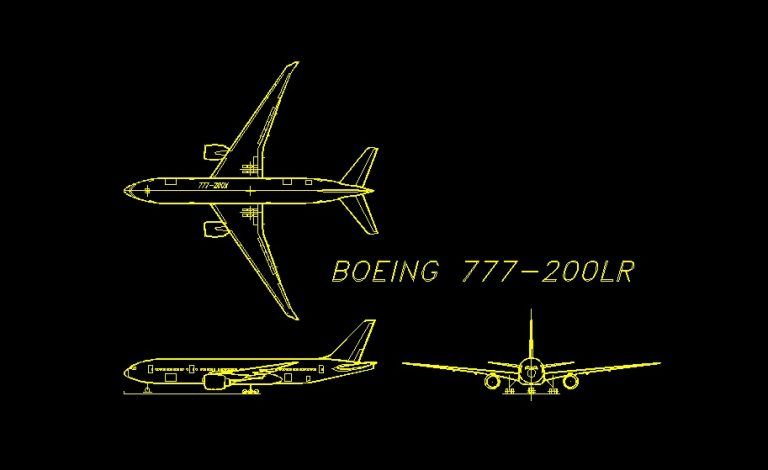 Boeing 777-200LR Top Front And Side Views Elevations 2D DWG Block For AutoCAD • Designs CAD