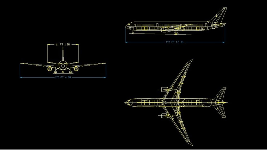Boeing 767-400 Aeroplane Top View Plan Elevation Front And Side Views ...