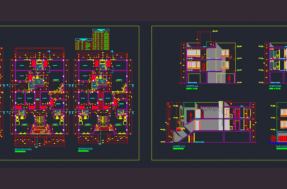 Floor 3 Storey Building DWG Elevation for AutoCAD • Designs CAD