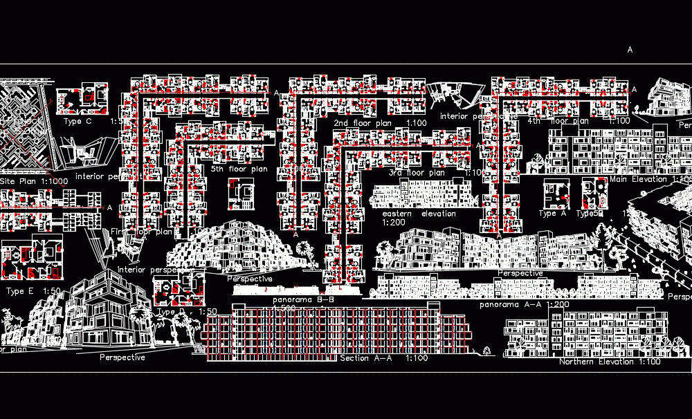 Residential Building In Strips 2D DWG Elevation for AutoCAD • Designs CAD