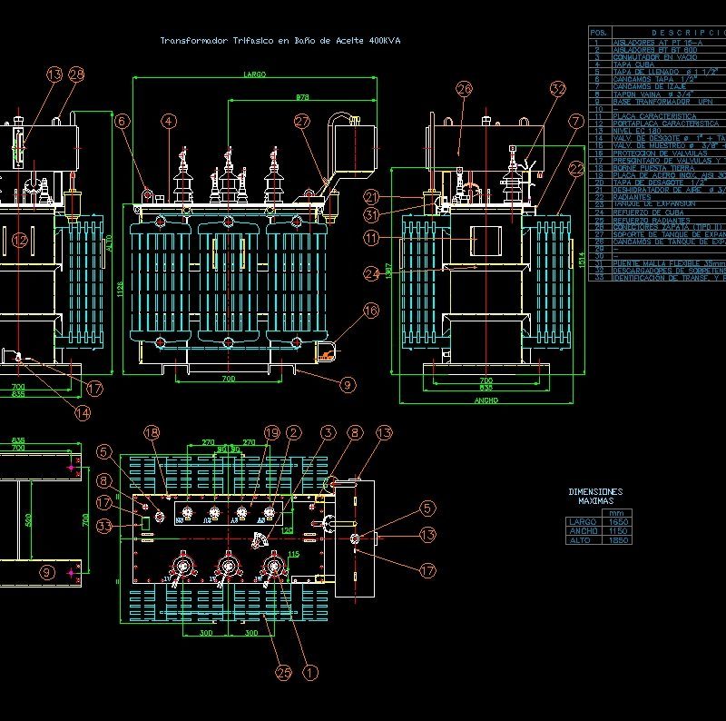 Transformer Three Phase Oil Immersed 400kva DWG Detail for AutoCAD ...