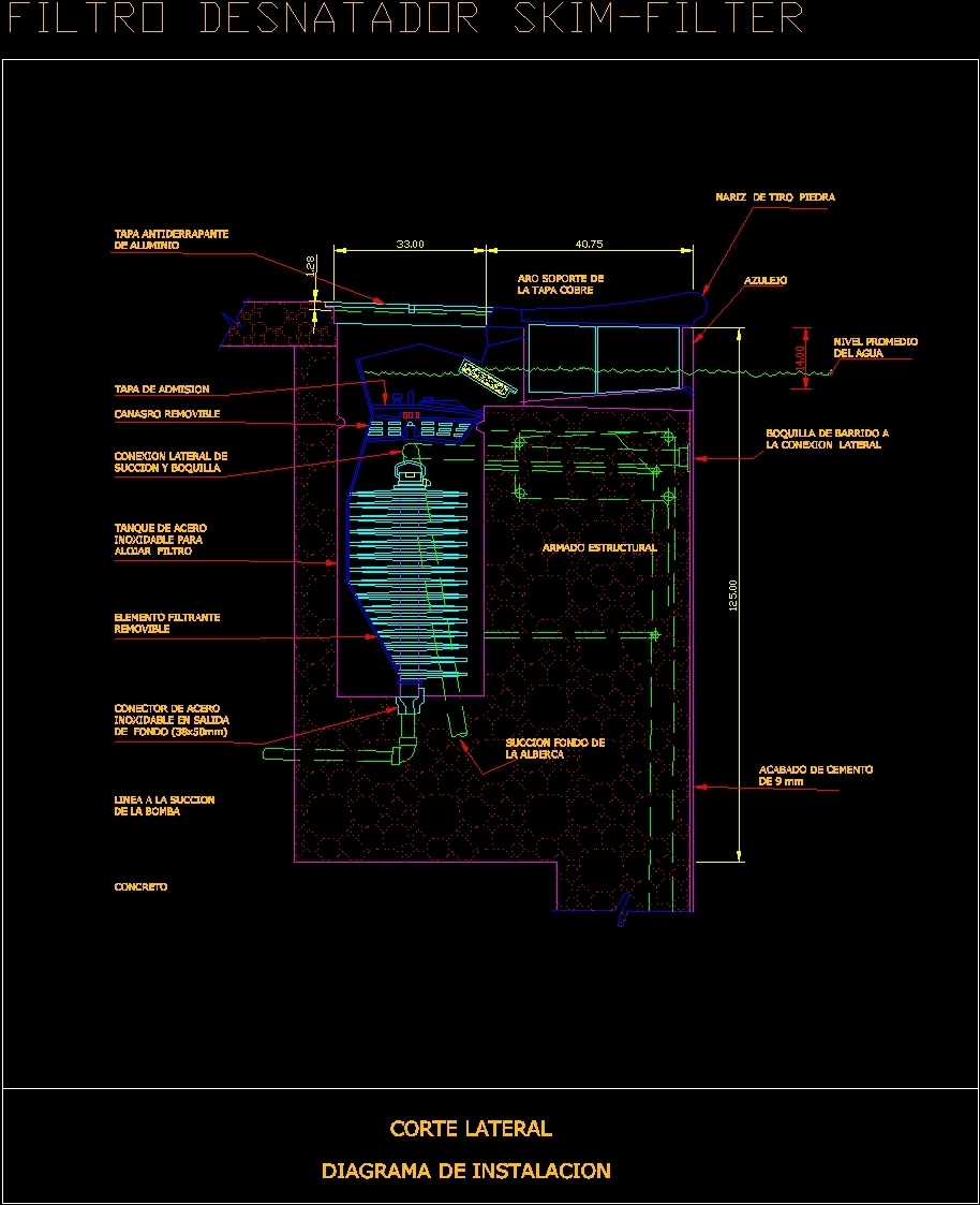 Lateral Section Of Skim Filterf Or Pool DWG Section for AutoCAD ...