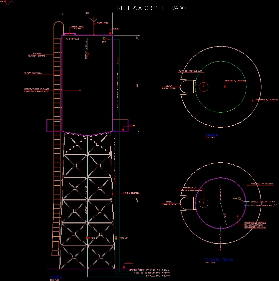 Water Tank 50000lts Elevated Over Metallic Structure DWG Block for ...