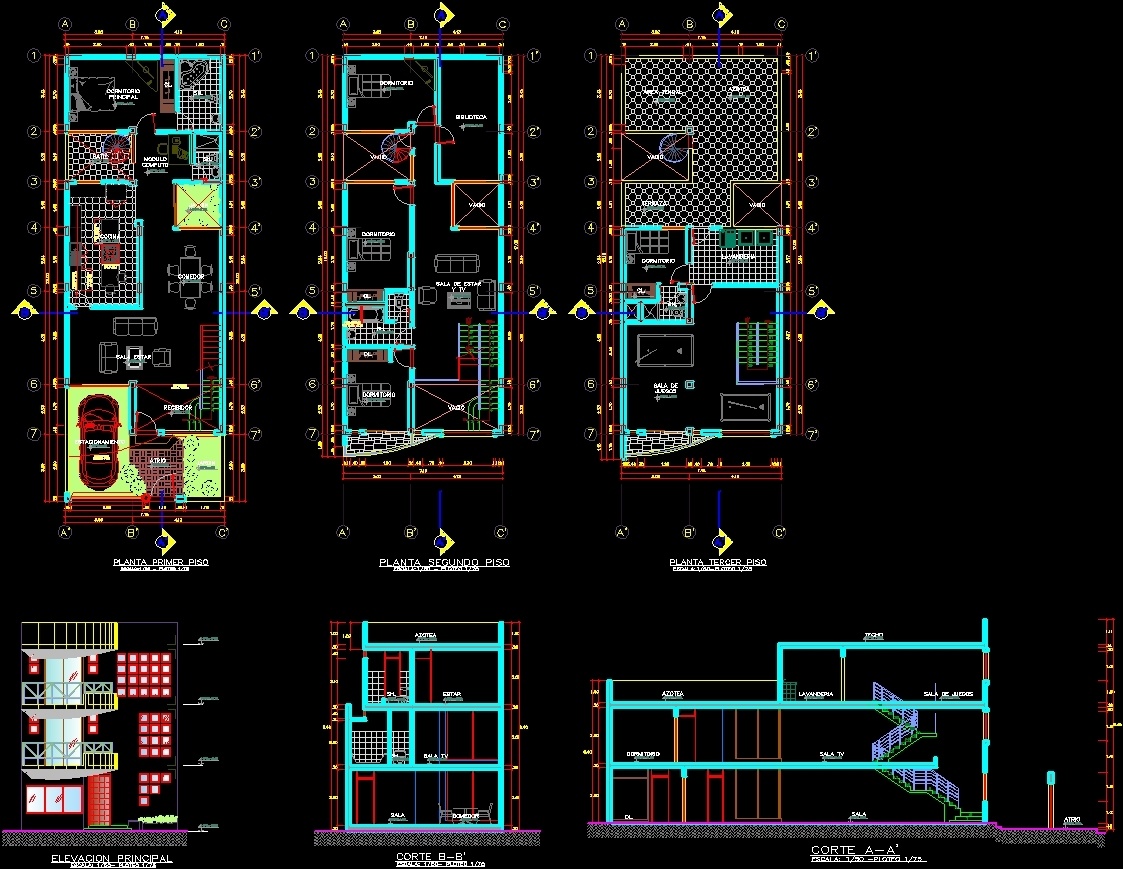 Detached 3 Level And Terrace DWG Elevation for AutoCAD • Designs CAD