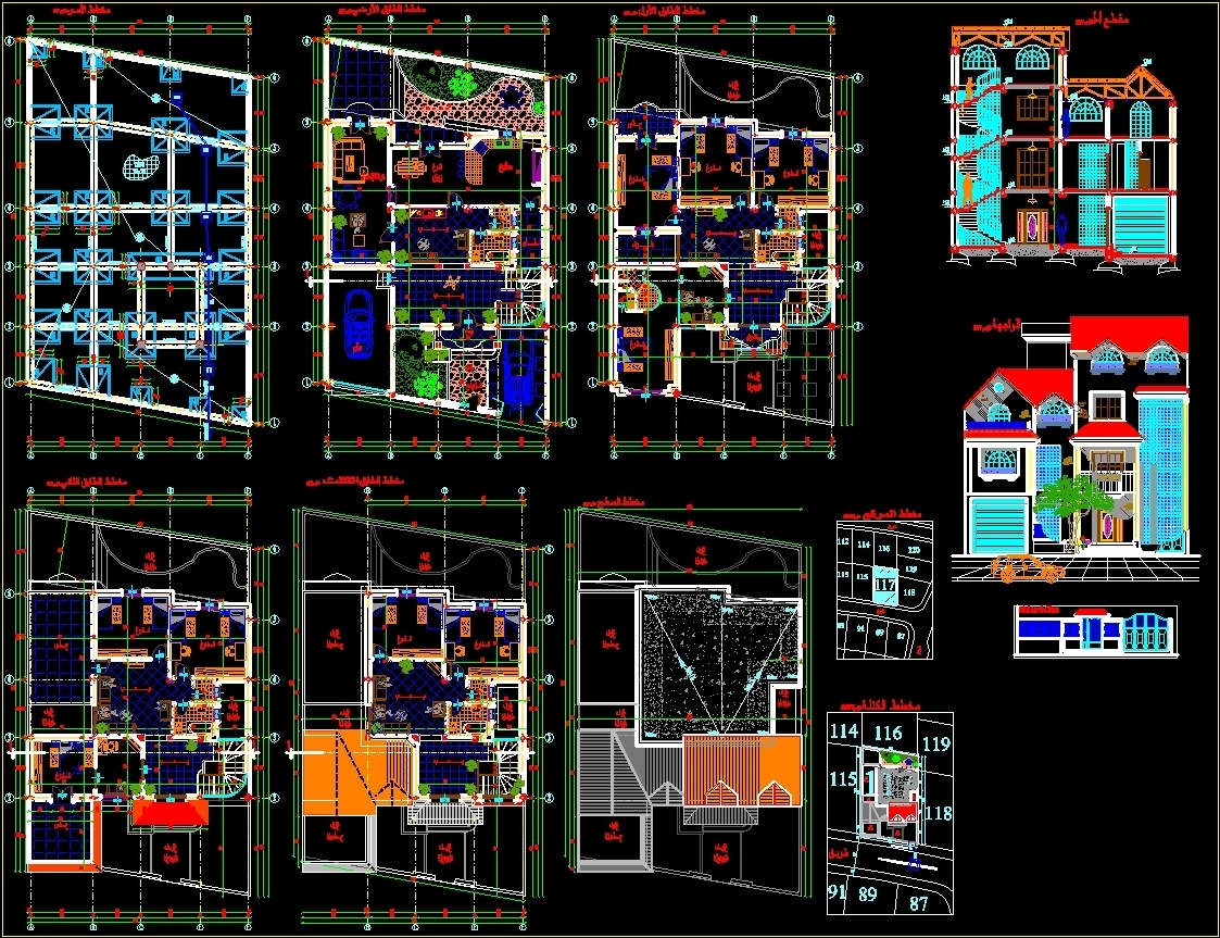 One Family Housing, 2 Storeys, 4 Per Lot DWG Block for AutoCAD ...