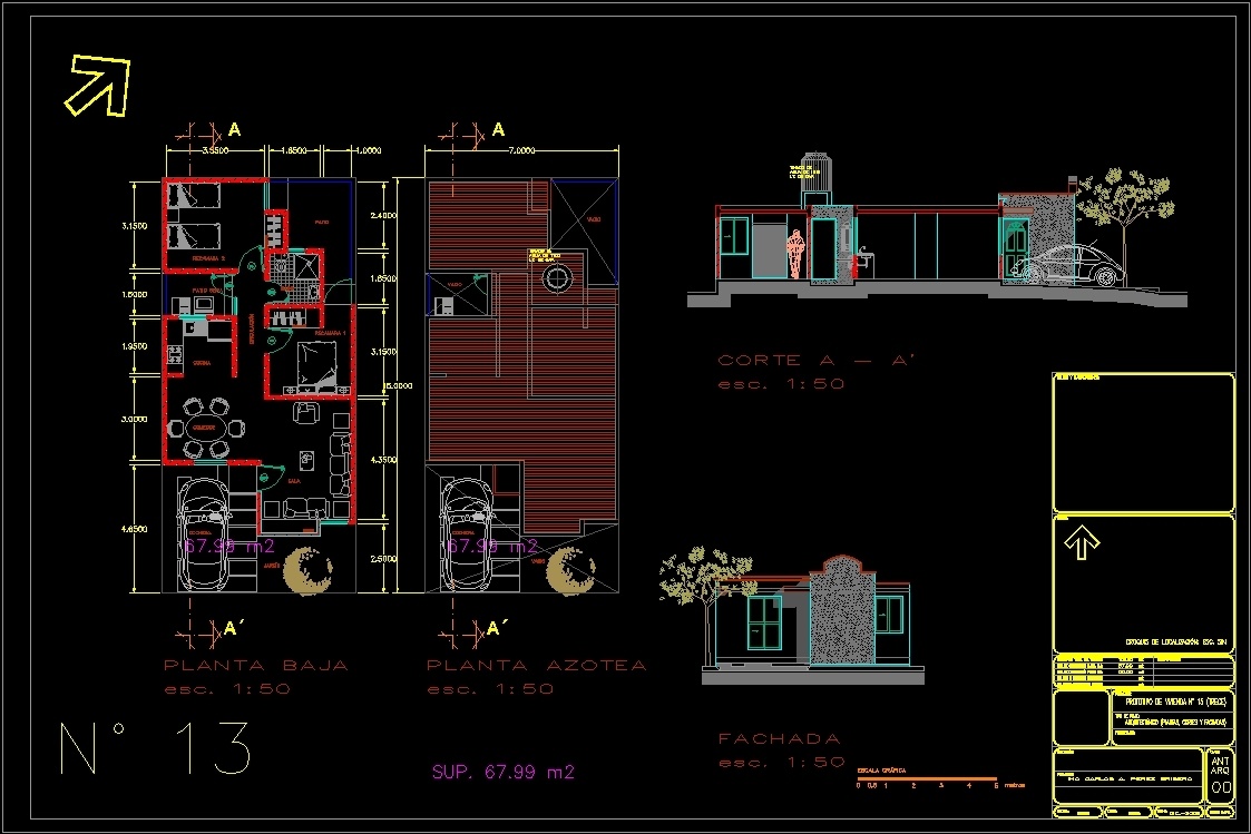Prototype N ° 13 (Thirteen) Housing Land 7x15 M DWG Block for AutoCAD ...