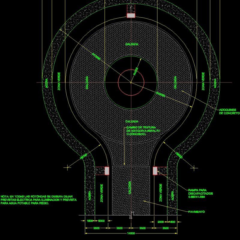 Circular Street End, Roundabout, Right Of Way 14 M, 46 Ft DWG Detail ...