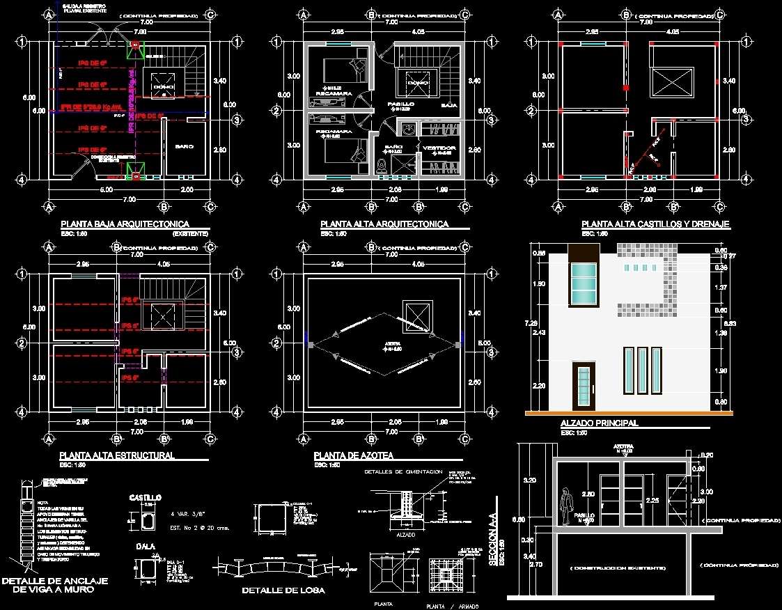 Housing Architectural Planes 2 Plants 7x6 Mts DWG Block for AutoCAD ...