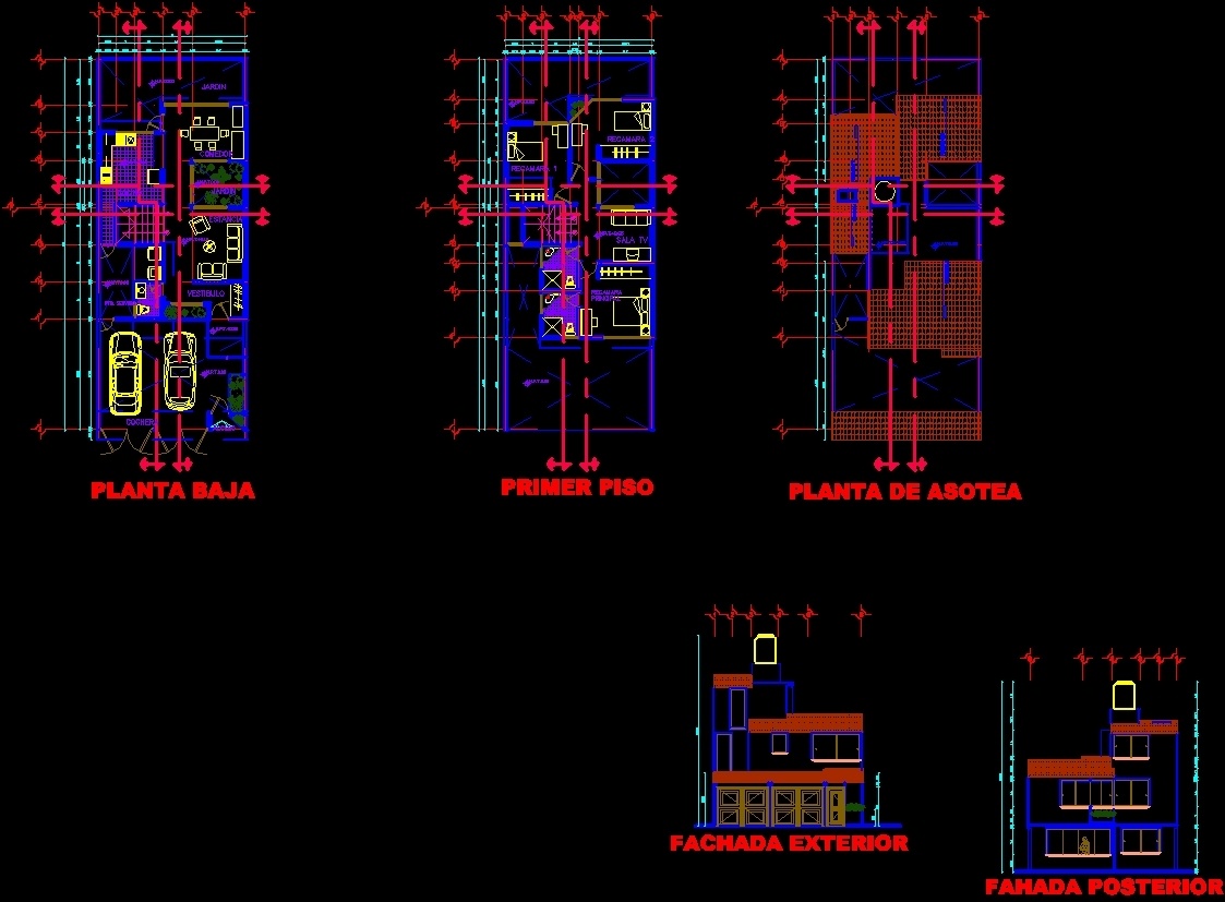 One Family Housing, Two Storeys, 3 Bedrooms, 2 Car Garage DWG Plan for ...