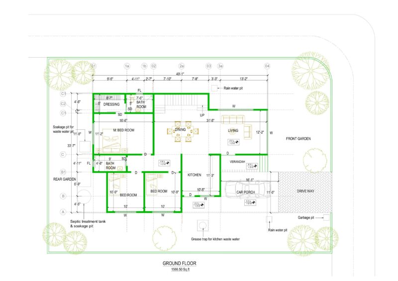 Single-Story Residential floor Plan with Elevations and Sections ...