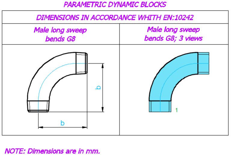 Male long sweep bends G8; Sizes - ⅜"- 2"; 3 views | DesignsCAD