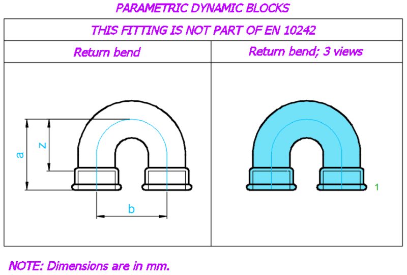Return bend; Sizes - ½"- 2"; 3 views • Designs CAD
