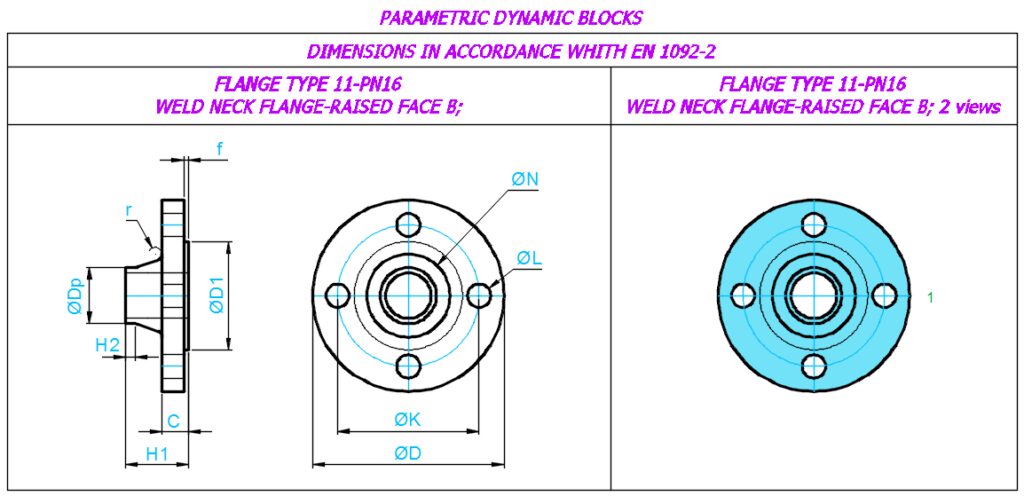 FLANGE TYPE 11-PN16 WELD NECK FLANGE-RAISED FACE B; 2 views; Sizes - ⅜ ...