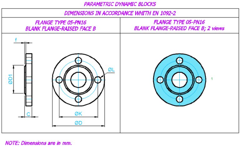 FLANGE TYPE 05-PN16 BLANK FLANGE-RAISED FACE B; 2 views; Sizes - ⅜"- 6 ...