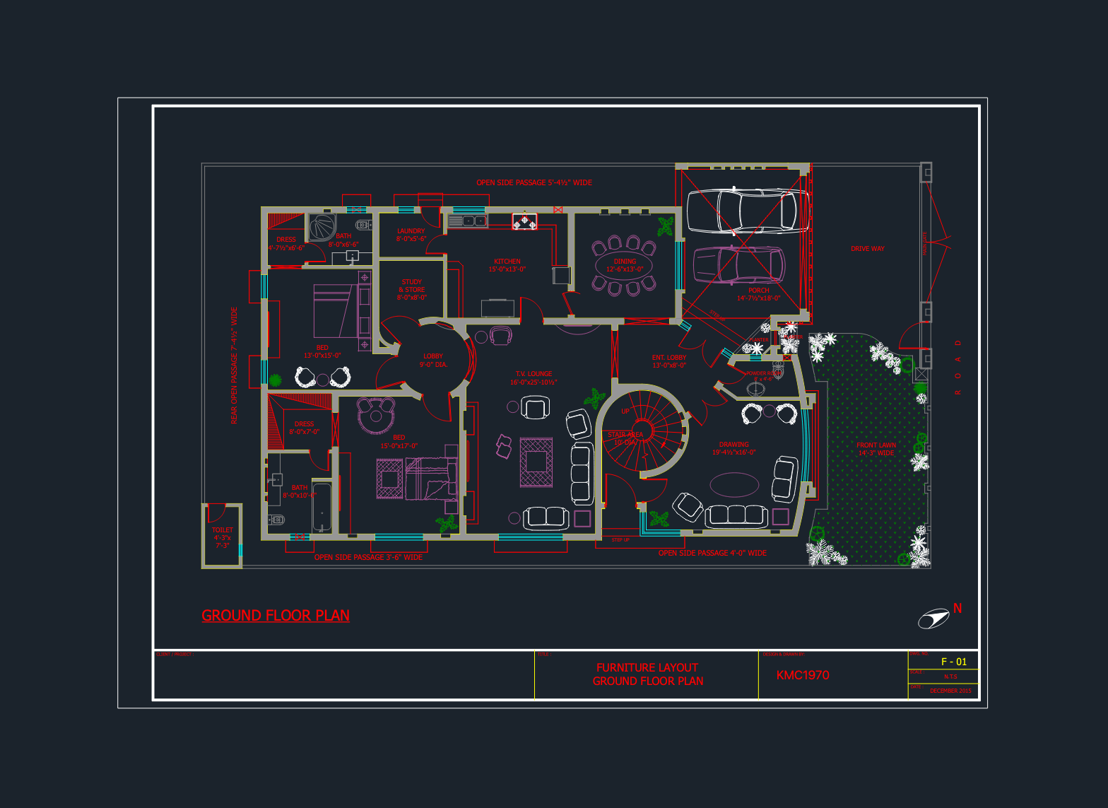 50' x 90' Residential Furniture Layout with Spiral Staircase | Designs CAD