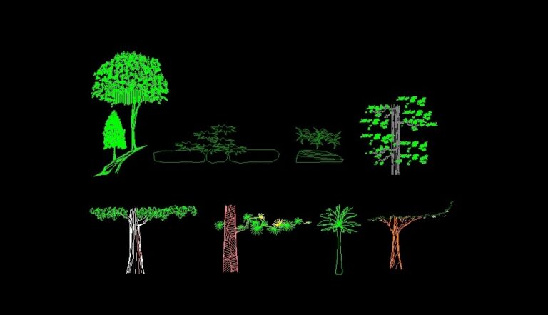 Trees And Palm Trees Plants In Rocks Front View Elevation 2D DWG Block ...